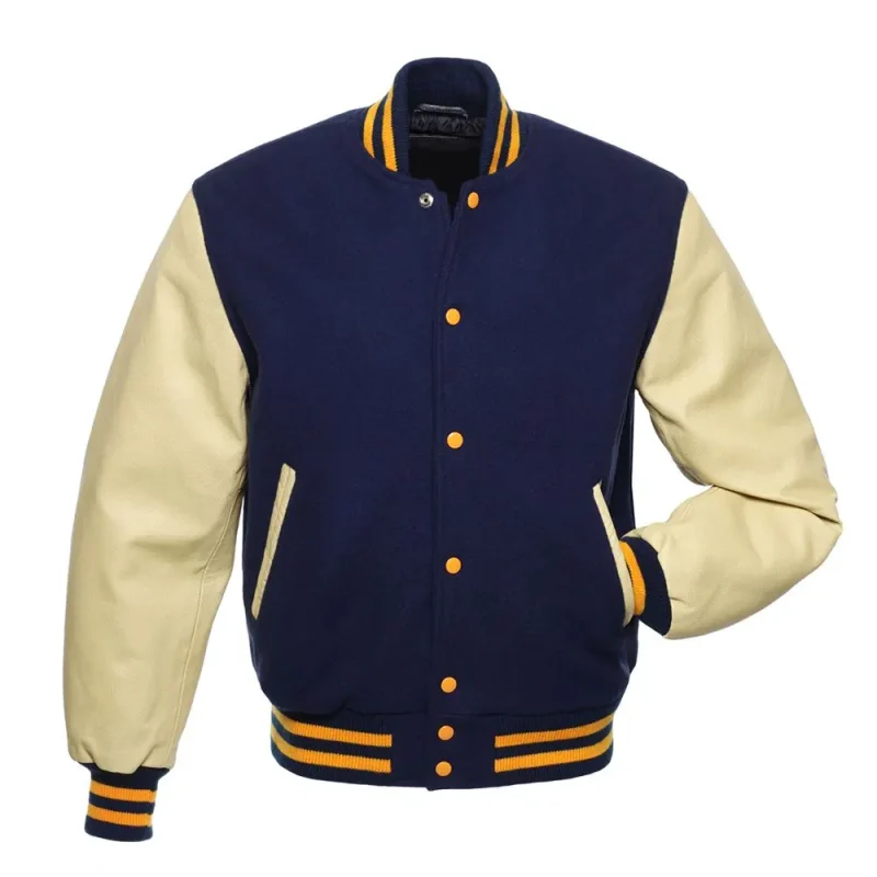 Navy Blue and Natural Leather Varsity Jacket | RLJ