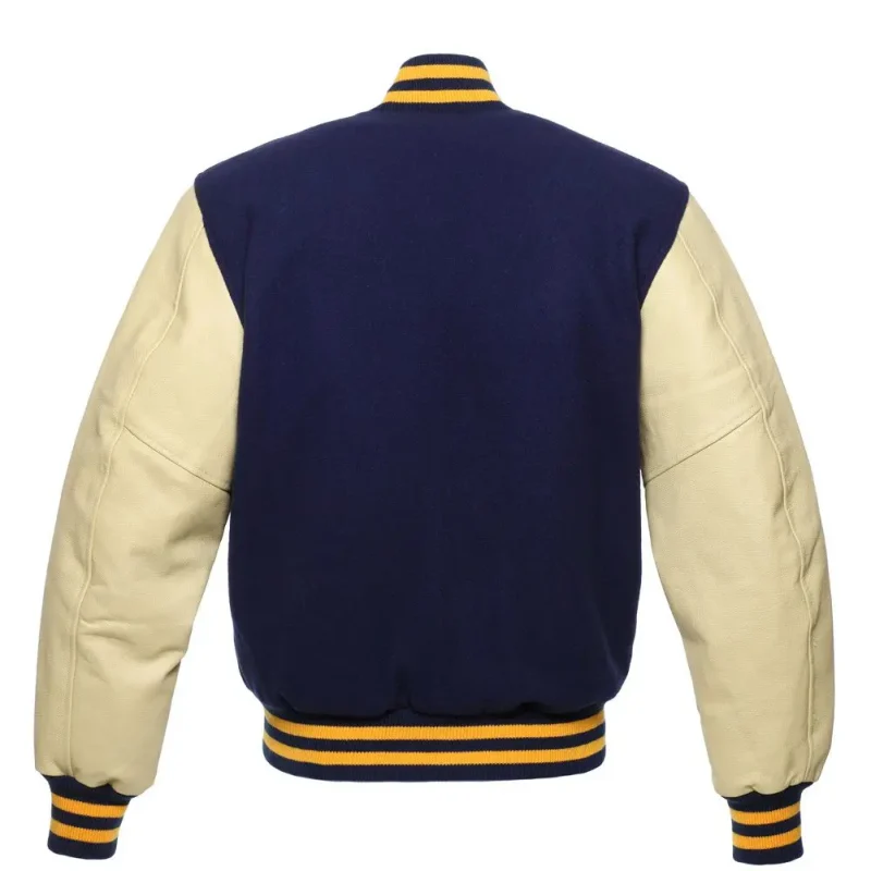 Navy Blue and Natural Leather Varsity Jacket | RLJ
