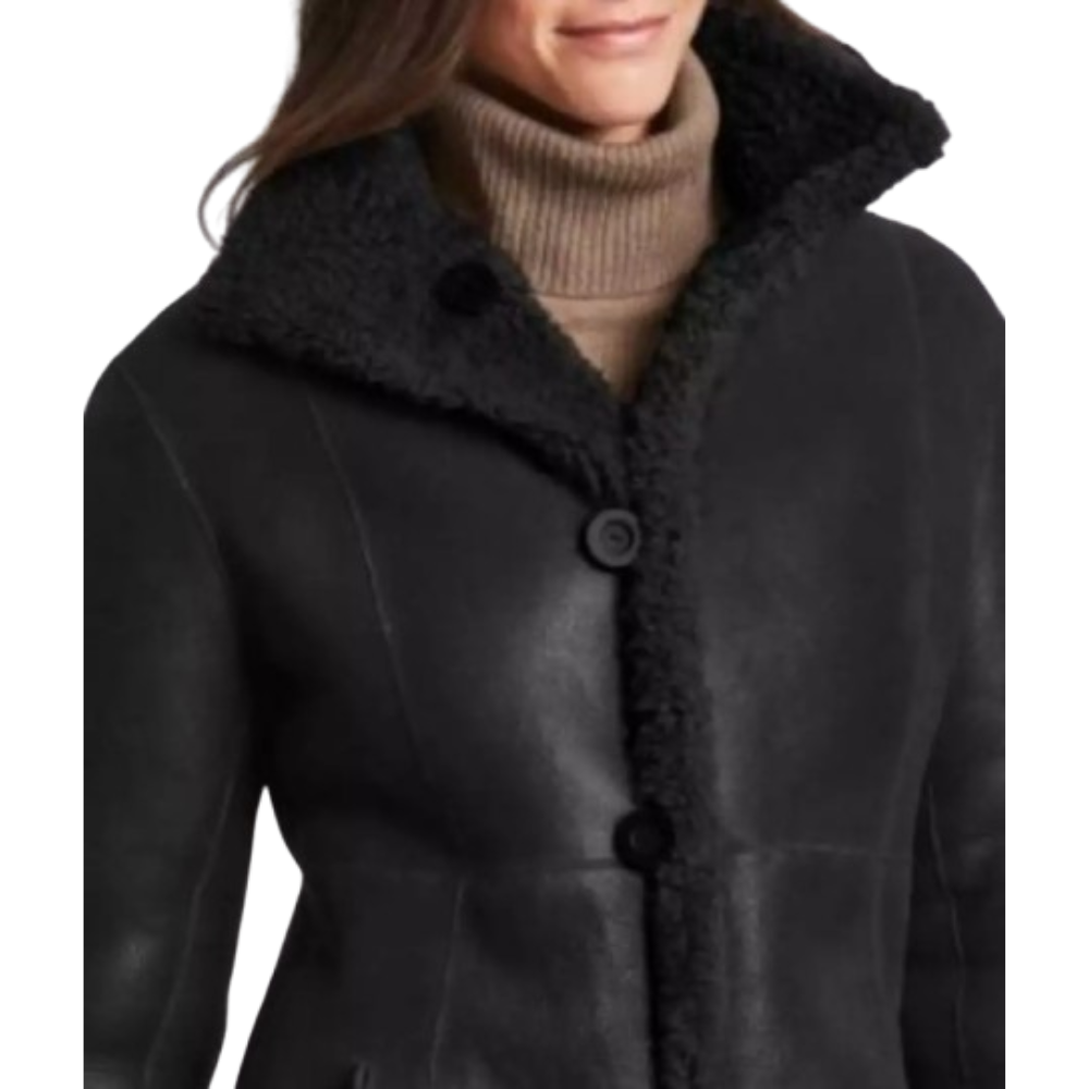 Women's Black Leather Shearling Coat | RLJ